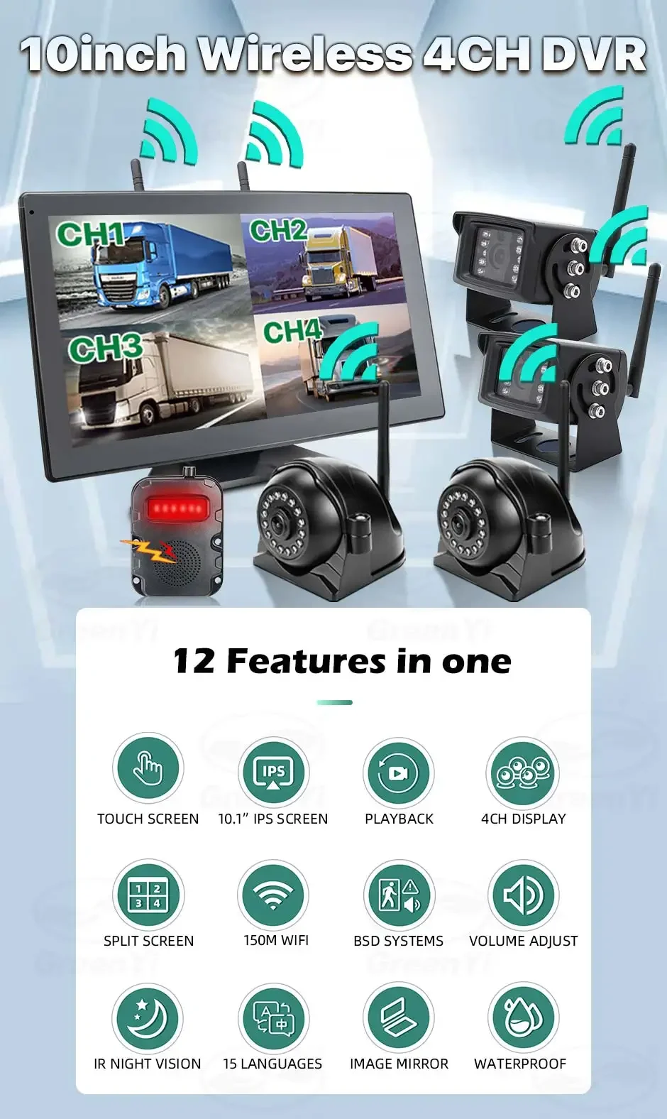 10 Inch Wireless Touch Screen Monitor AI Blind Spot Radar BSD Alarm DVR ...