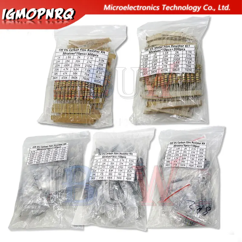 150PCS-300PCS-Resistor-Kit-1W-2W-3W-5W-5-30values-X-10PCS-Carbon-Film ...
