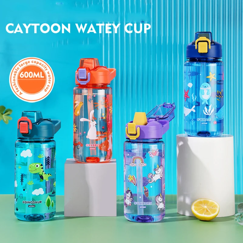 600ML-Children-Cartoon-Plastic-Cup-with-Straw-Portable-Student-Anti-falling-Hot-Water-Bottle ...