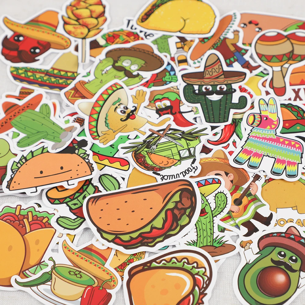 50 Sheets Fiesta Mexican Theme Waterproof Stickers Cinco De Mayo Taco ...