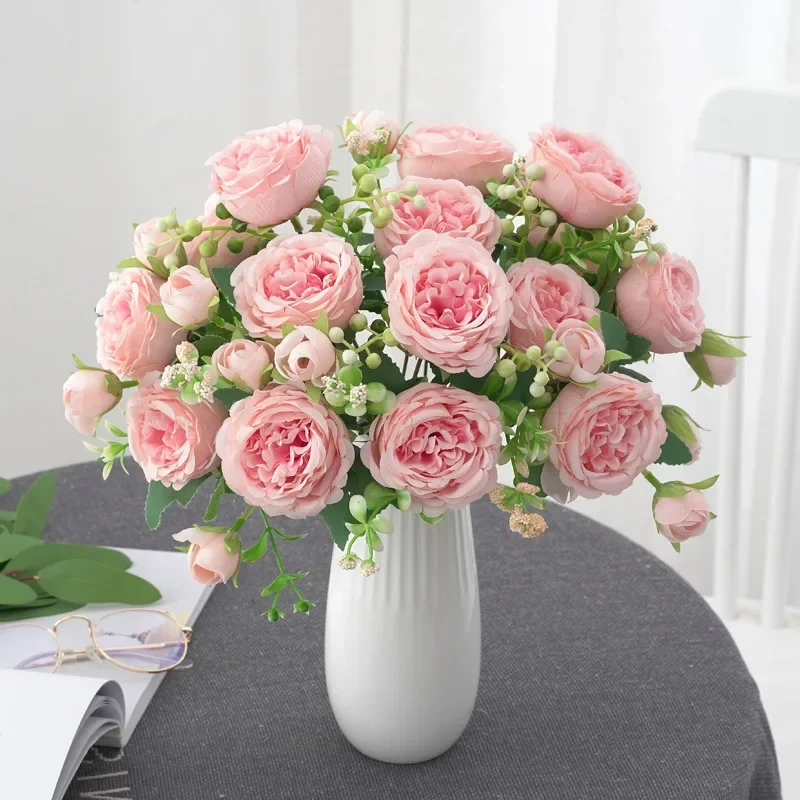 30cm Rose Pink Silk Bouquet Peony Artificial Flower 5 Big Head 4 Small ...