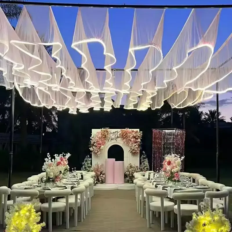 Ceiling Decoration Wave Gauze Curtain With Lights String For Wedding ...