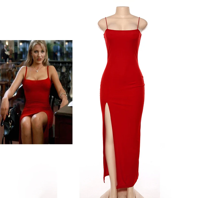 Tina Carlyle Cosplay Red Dress Movie Costume Women Sexy Slip High Slit