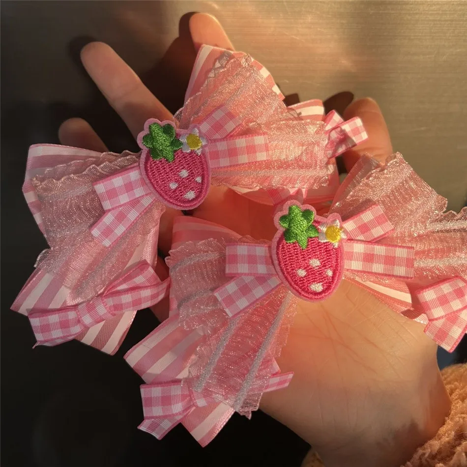 Sweet Pink Lolita Lace Bow Strawberry Hair Pin Hair Accessories Side ...