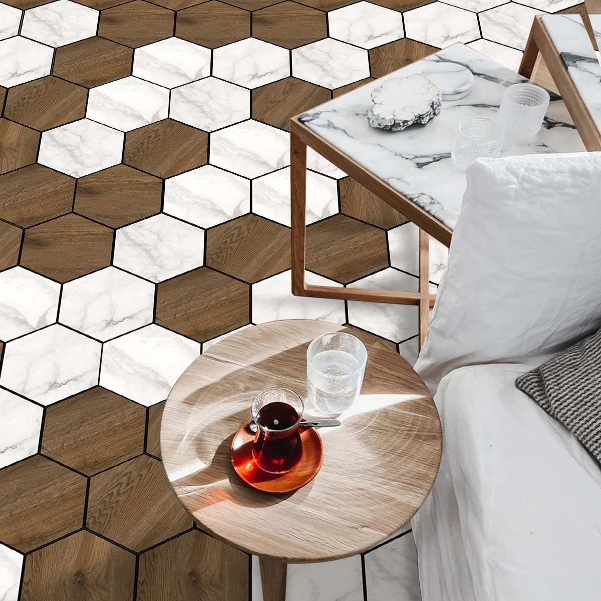 Marble wood grain self-adhesive hexagonal floor stickers waterproof ...
