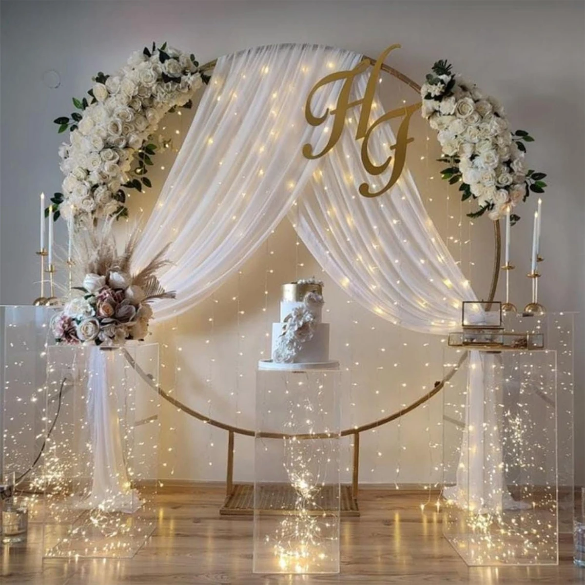 3x2.15M White Backdrop Curtains With Lights For Party Wedding Arch ...
