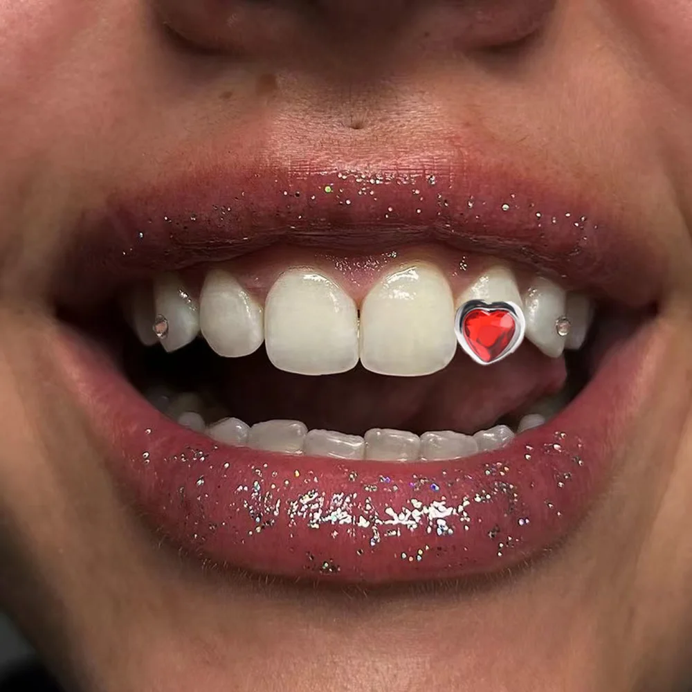 RACHELZ-Hip-Hop-Single-Red-Green-Heart-Zircon-Teeth-Grillz-Silver-Color ...