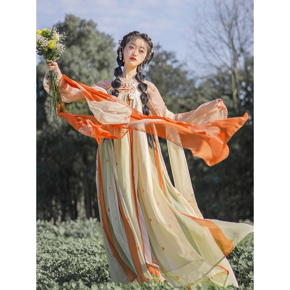 ShiJiuMi Summer Orange Hanfu Women's Printing Shawl Tang Dynasty ...