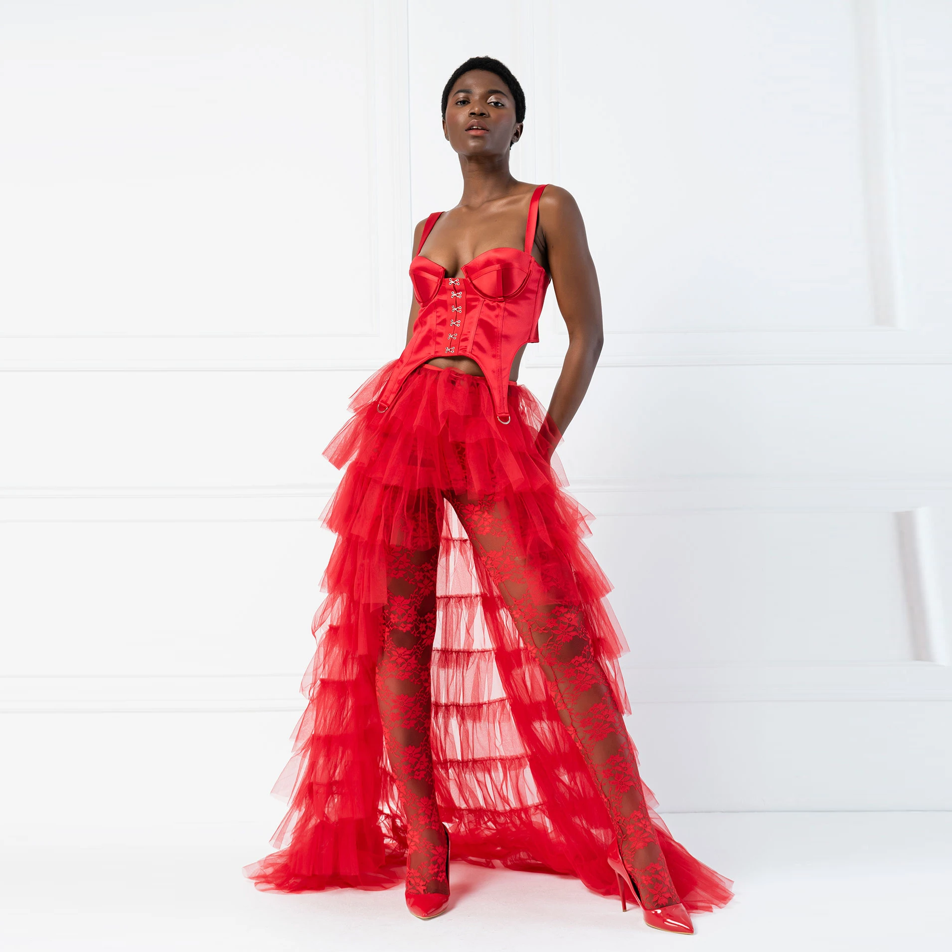 Sexy See Thru Red Ruffled Tiered High Low Tulle Skirts Long Tulle Women ...