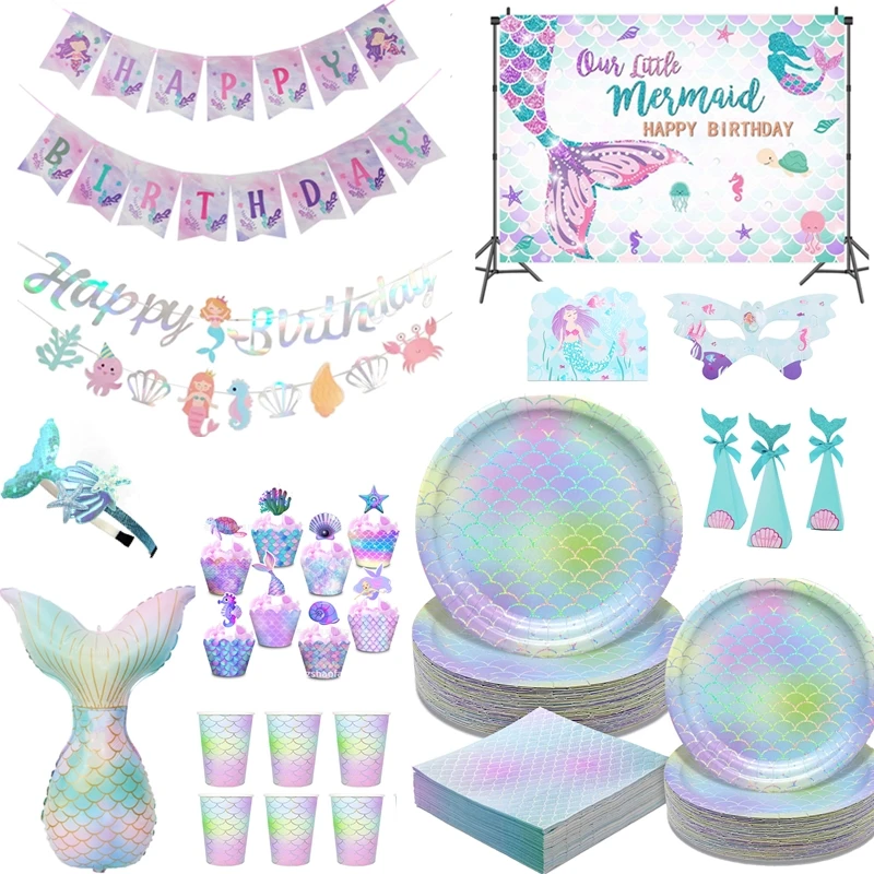 Mermaid-Party-Supplies-Mermaid-Disposable-Tableware-Cup-Plates ...
