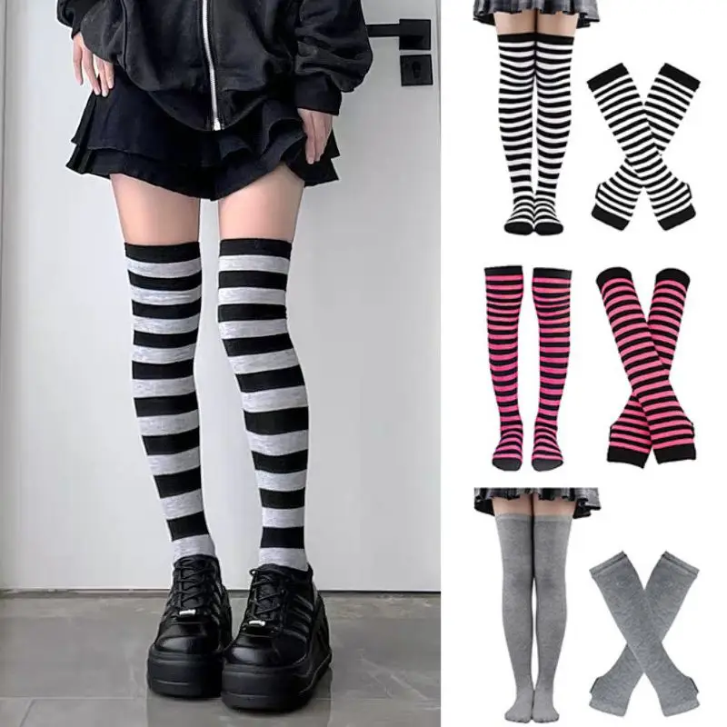 Long Fingerless Gloves Arm Cover Long Socks Striped Knitted Wrist ...