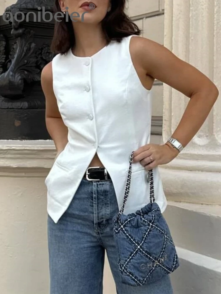 Aonibeier-Y2K-White-Women-Long-Tank-Tops-Traf-2024-Summer-Sleeveless-Irregular-Slim-Blazer-Vest ...