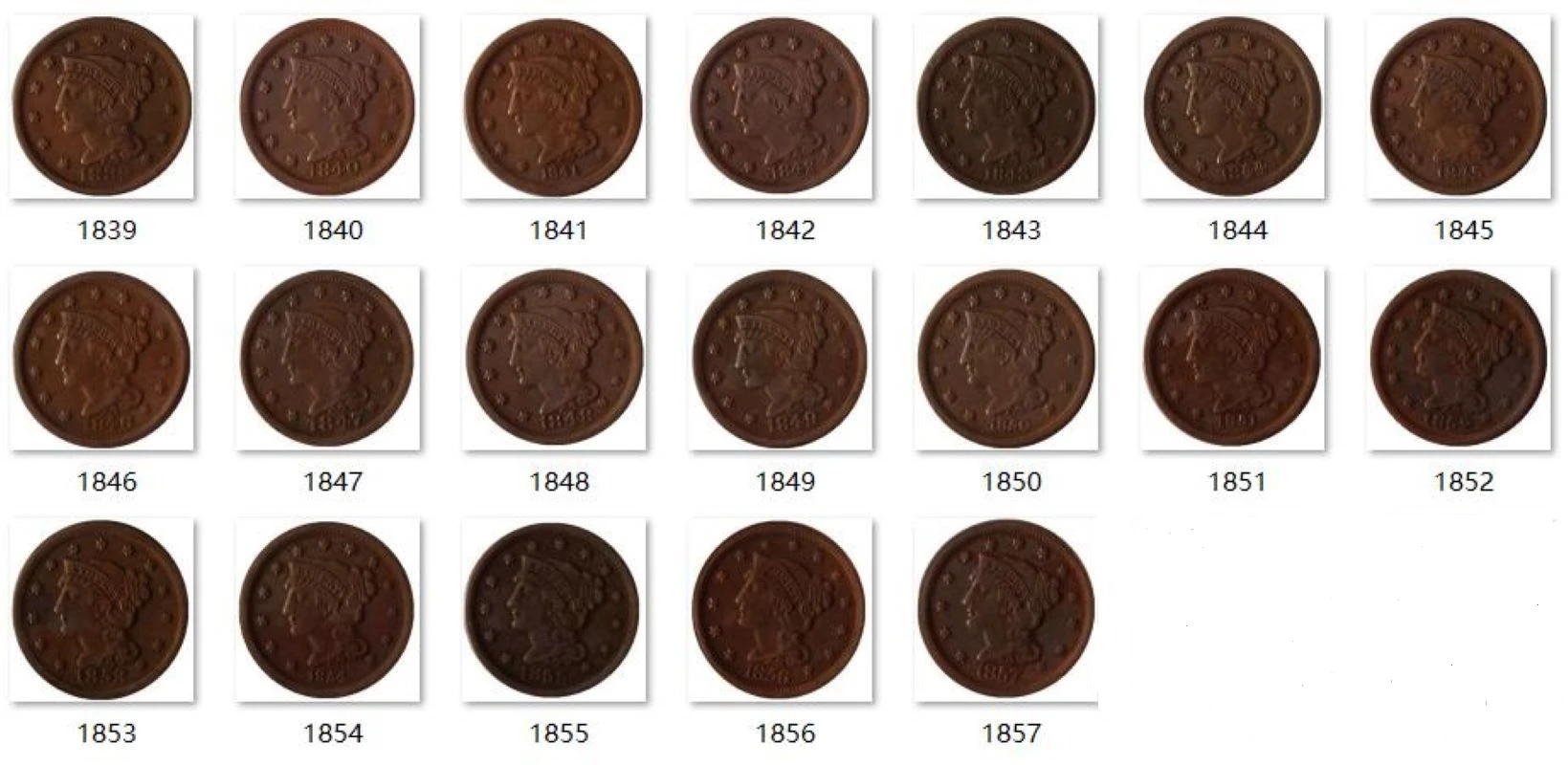 (19PCS) A Set of USA 1 Cent 1839-1857 "Liberty Head/Braided Hair Cent ...
