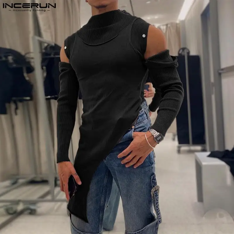 INCERUN Men Irregular T Shirts Patchwork Long Sleeve Off Shoulder ...
