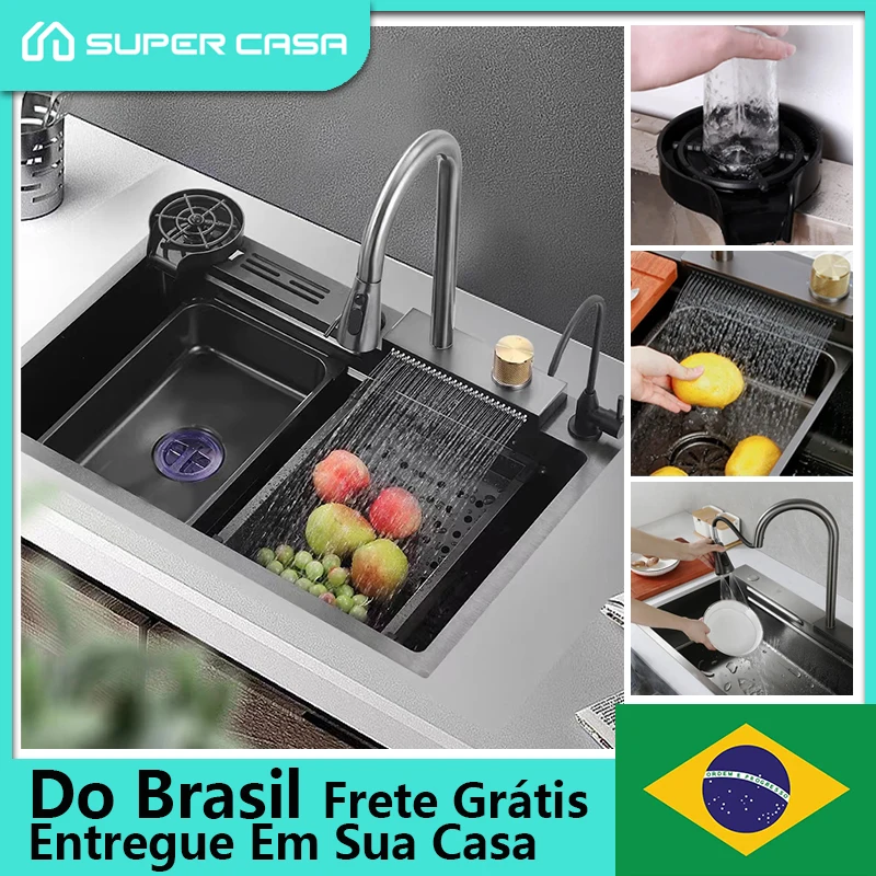 Stainless-Steel-Kitchen-Waterfall-Sink-Large-Single-Sink-Dish-Basin ...