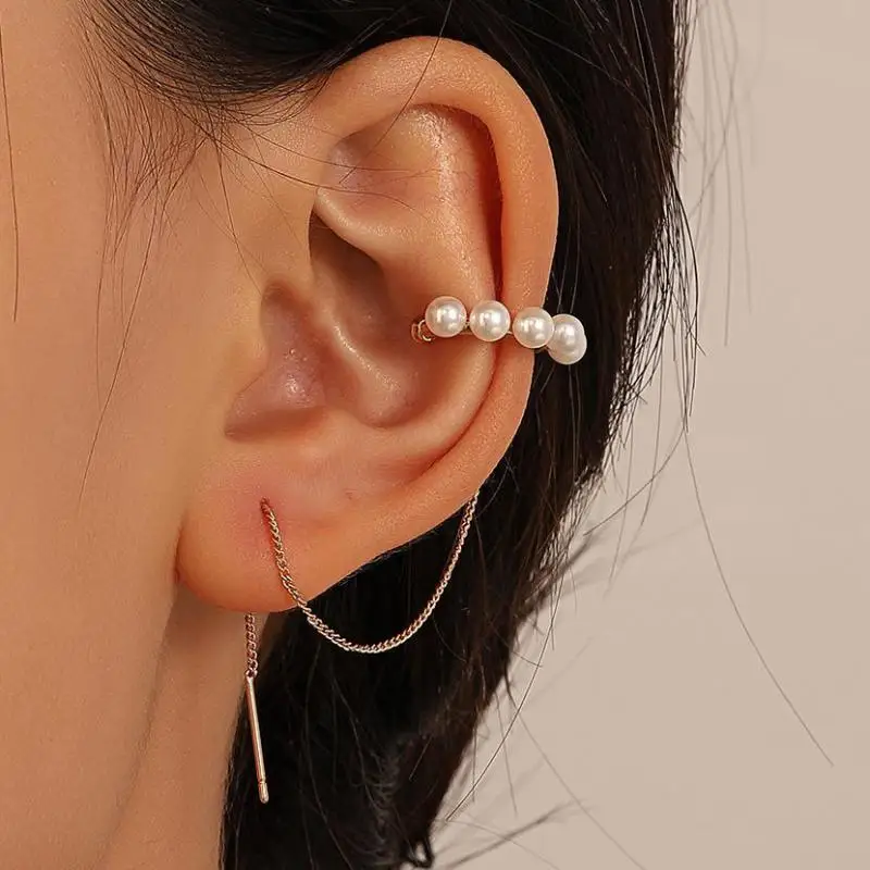 Simple Pearl Clip Earrings For Women Fashion Long Tassel Ear Line ...