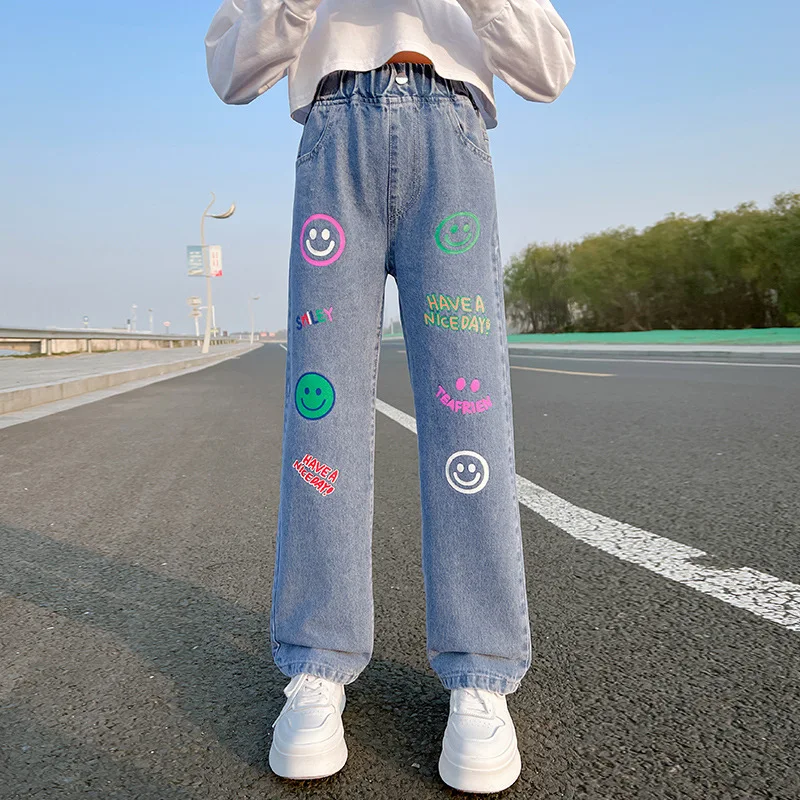 Printed-Jeans-with-Smiley-Face-Teenager-Clothing-Girls-Jeans-Stretchy ...