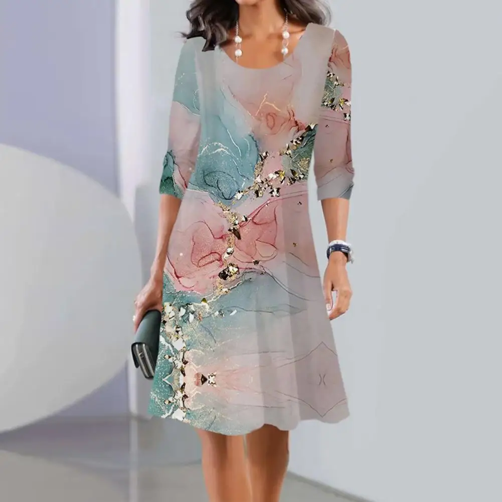 Women-Elegant-Spring-Dress-Lady-Printed-Dress-Floral-Print-Knee-Length ...