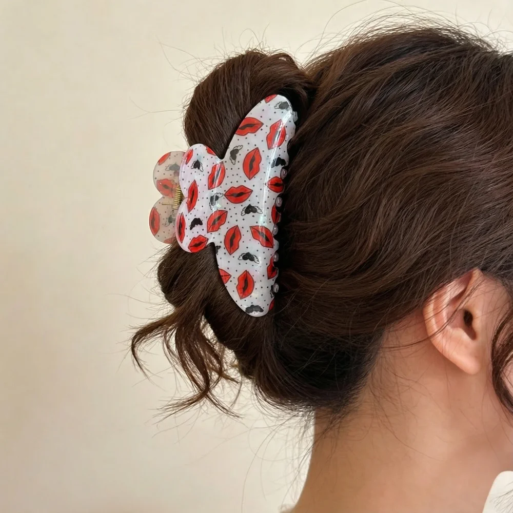 1pc/4pcsCute Bear Claw Clips for Women, Acetate Heart & Lip Print Hair ...
