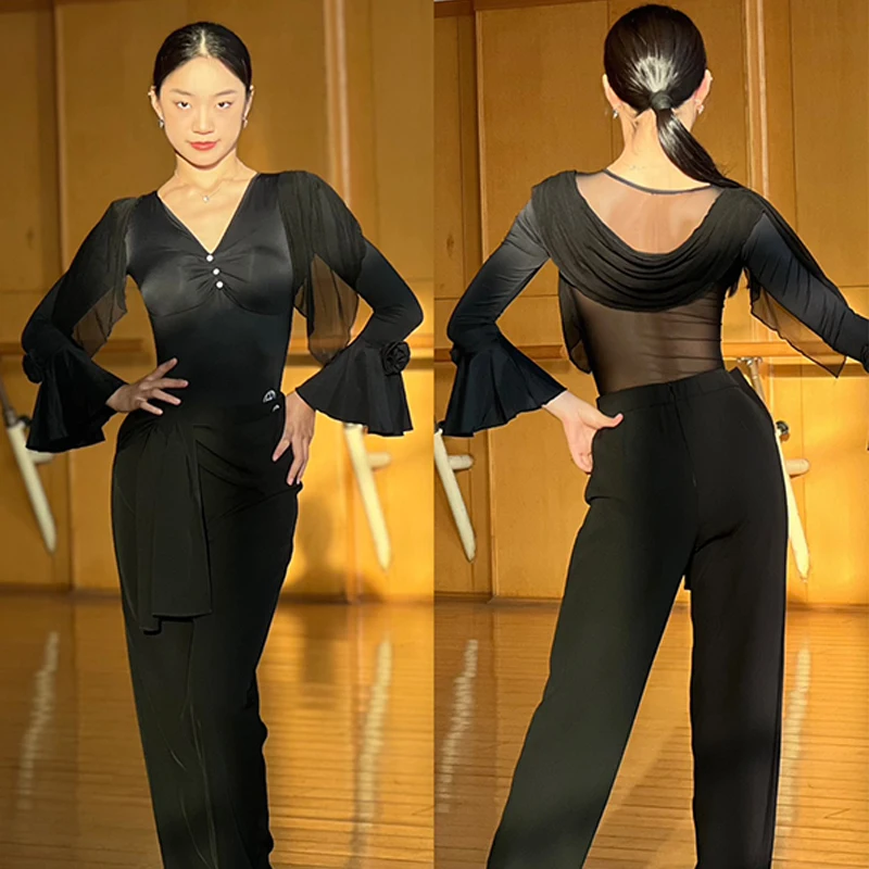 Ballroom-Dance-Clothes-Women-Black-Tops-High-Waist-Pants-Latin-Dance ...