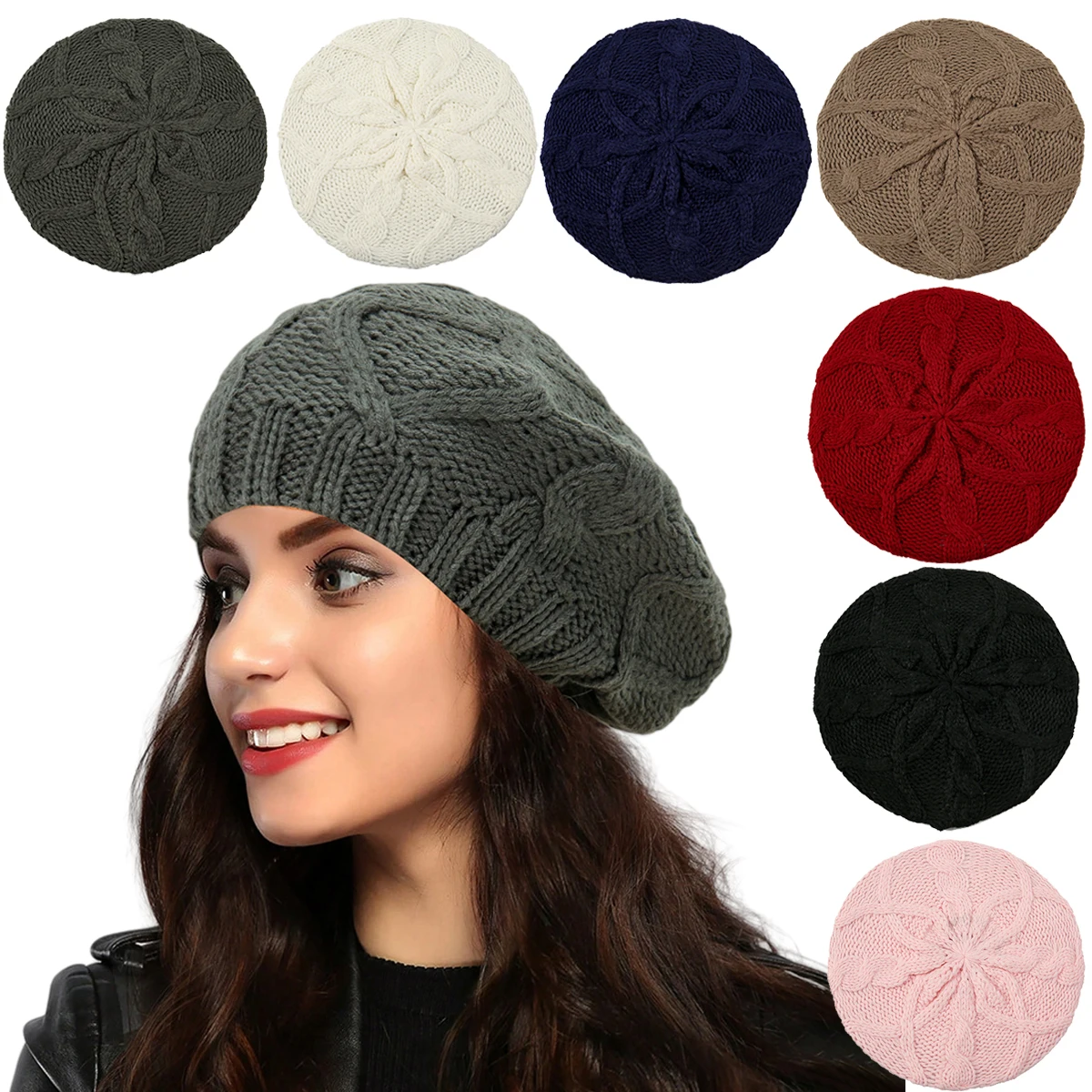 New Women's Plain Color Knit Beret Hat Ladies French Artist Beret Hats ...