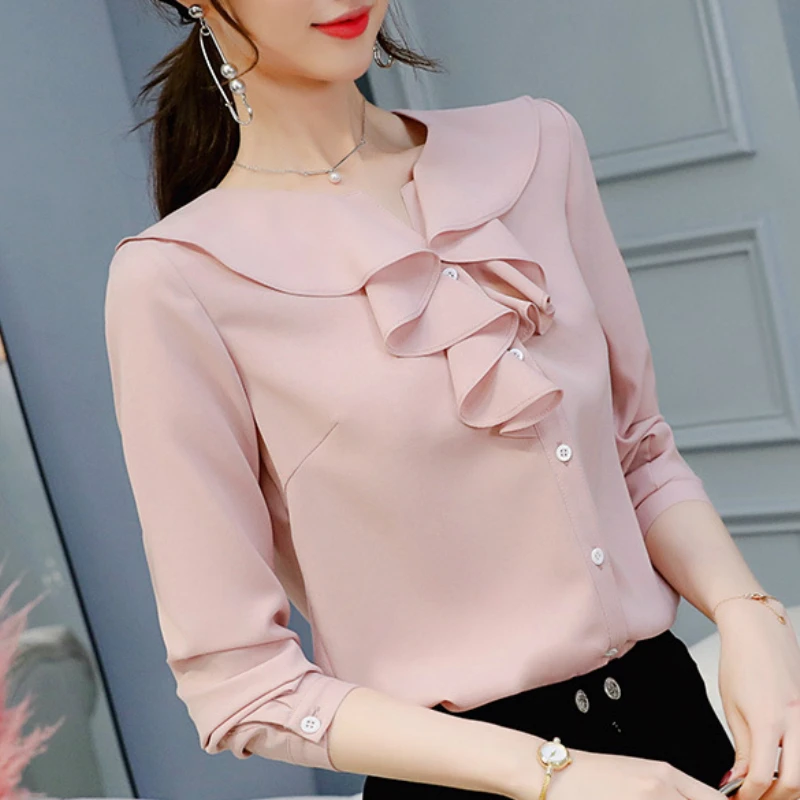 Blouses Woman 2021 Long Sleeve Women Shirts Solid Pink White Blouse ...