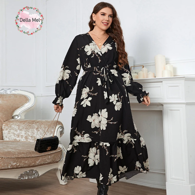 Della-Mel-Plus-Size-Women-Flower-Print-V-Neck-A-Line-Dress-Elegant-Long ...