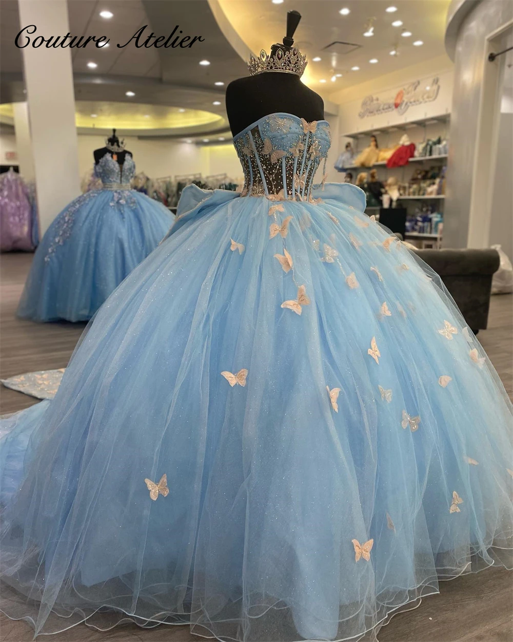 Butterflies Bow Light Blue Tulle Quinceanera Dresses Sweetheart Ball ...