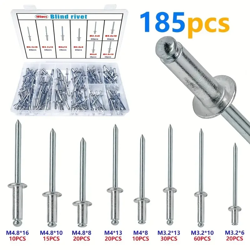 Value-Pack-85-185pcs-Pop-Rivets-Assortment-Kit-8-Sizes-Aluminum-Rivets ...