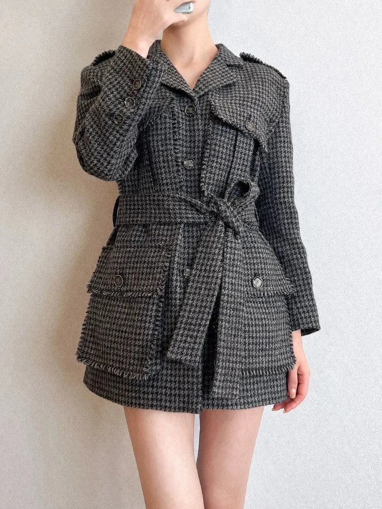 Women-s-Woolen-Jacket-Medium-Length-Suit-Collar-and-Waist-Belt-Gray ...