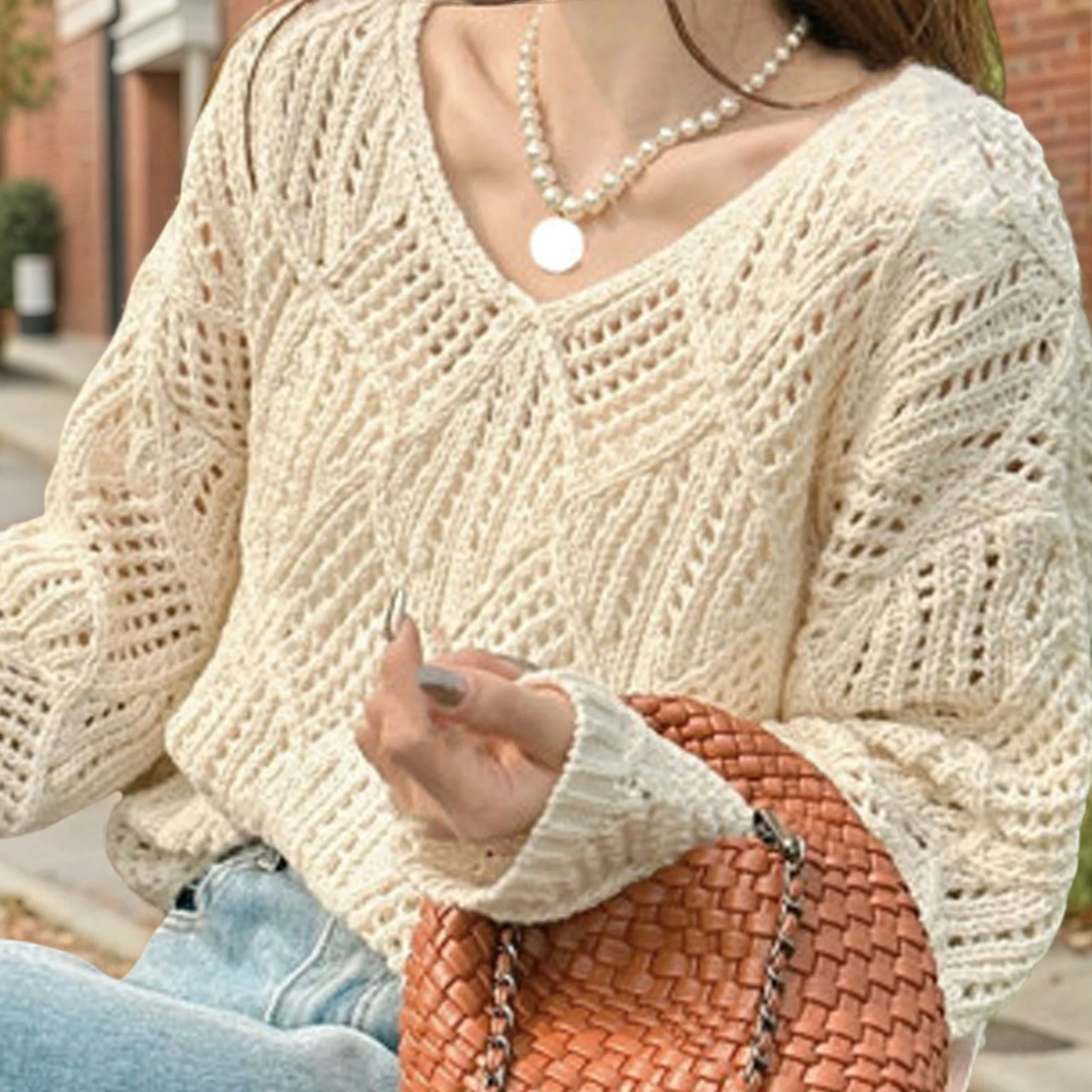 Korean rhombus-shaped V-neck hollow knitted thin pullover sweater ...