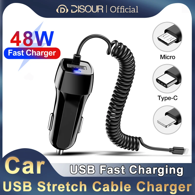 48W-USB-Fast-Car-Charger-Stretch-Cable-Adapter-for-IPhone13-12-11-14 ...
