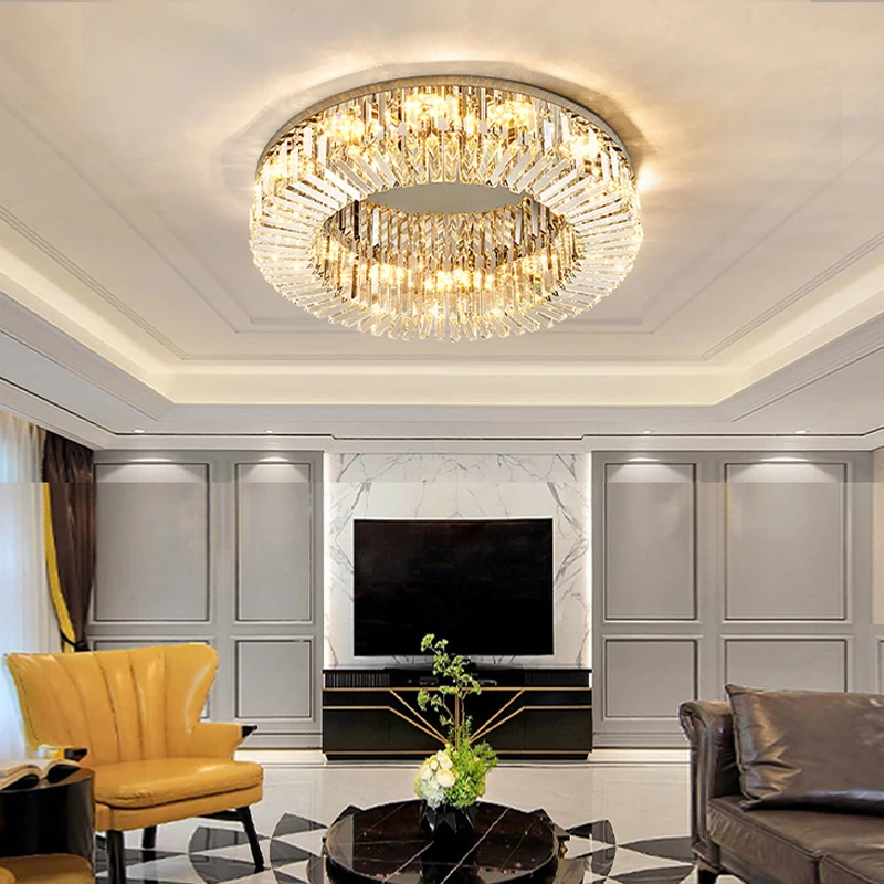 Luxury Round Crystal Ceiling Lights Lustres Room Decor Gold Lamps Post ...