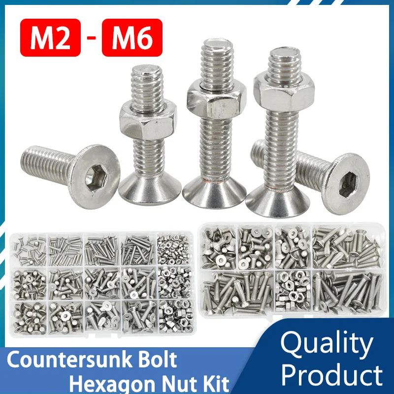 304-Stainless-Steel-Countersunk-Nuts-Bolts-Set-Hex-Hexagon-Bolt-Screw ...