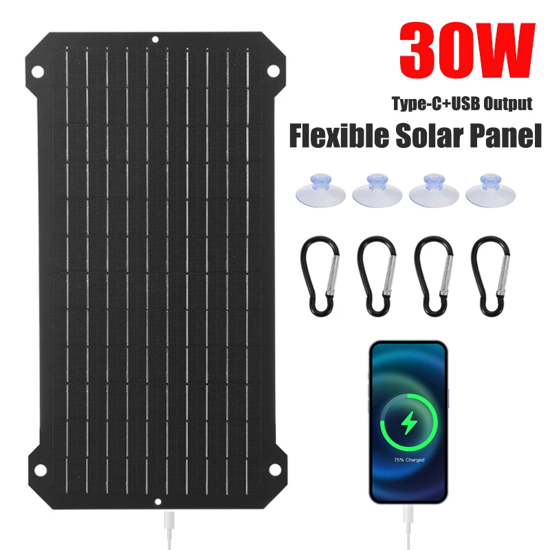 30W Solar Panel Portable Monocrystalline USB Type-C Output Outdoor ...