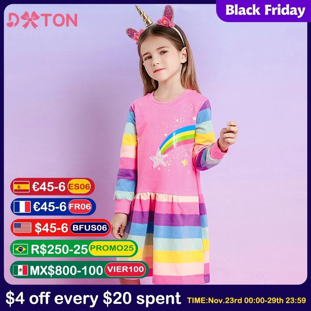 DXTON-Winter-Children-Dress-Rainbow-Long-Sleeve-Kids-Casual-Dress ...