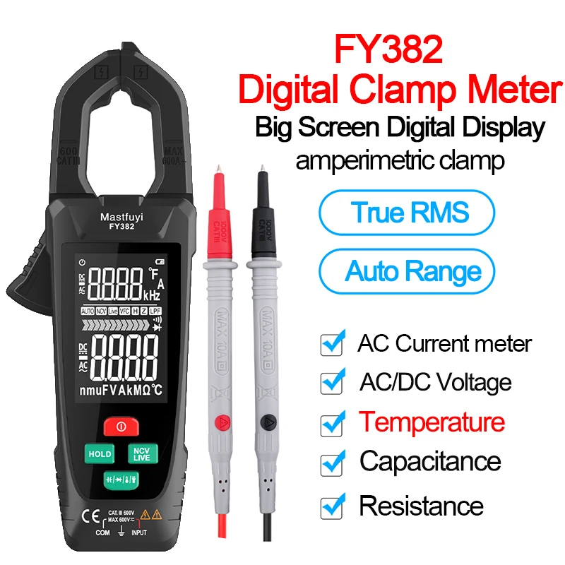 FY382 Digital Clamp Meter AC/DC Amperimetric Clamp Auto Range True RMS ...