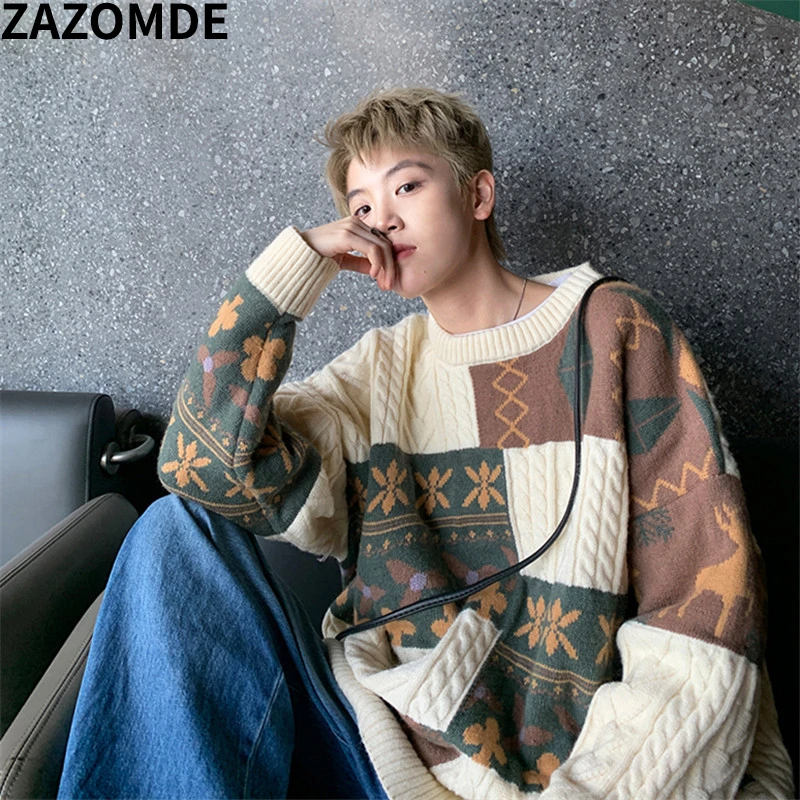 Zazomde nova moda cor bloco elegante oversize homens jumper camisola de ...