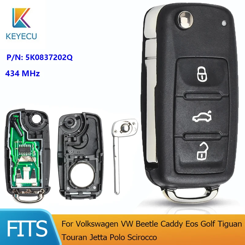 KEYECU Remote Car Key 434MHz 5K0837202Q for Volkswagen VW Beetle Caddy ...