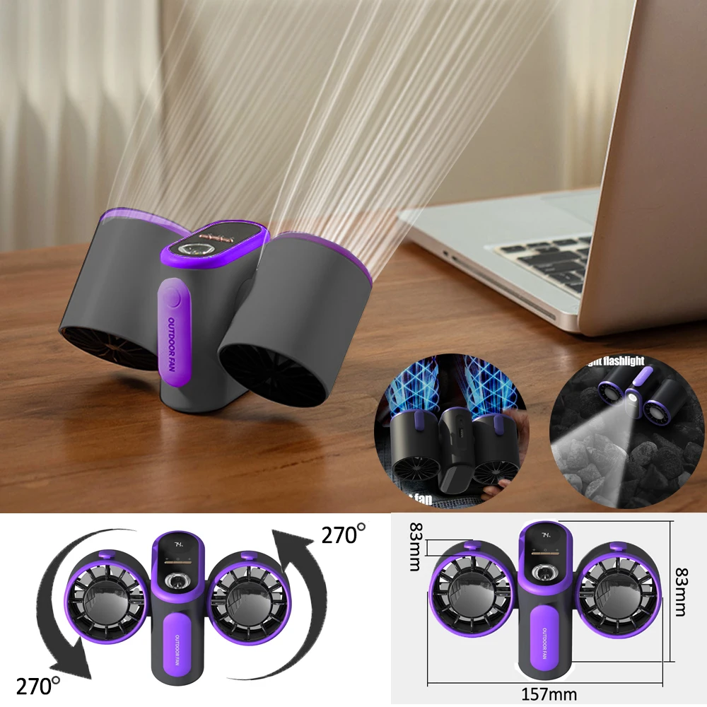 10000mAh Portable Dual Outlet Waist Fan with Flashlight Outdoor Working ...
