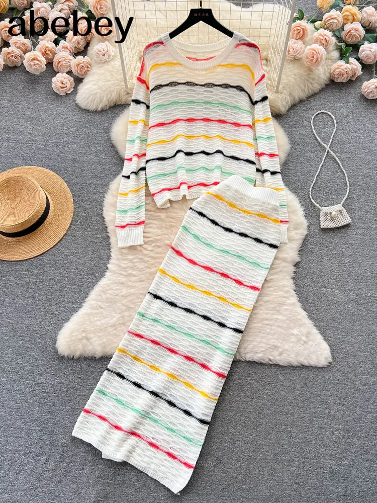Summer-Knitted-Two-Pieces-Suits-Loose-Long-Sleeve-Top-Elastic-Long ...