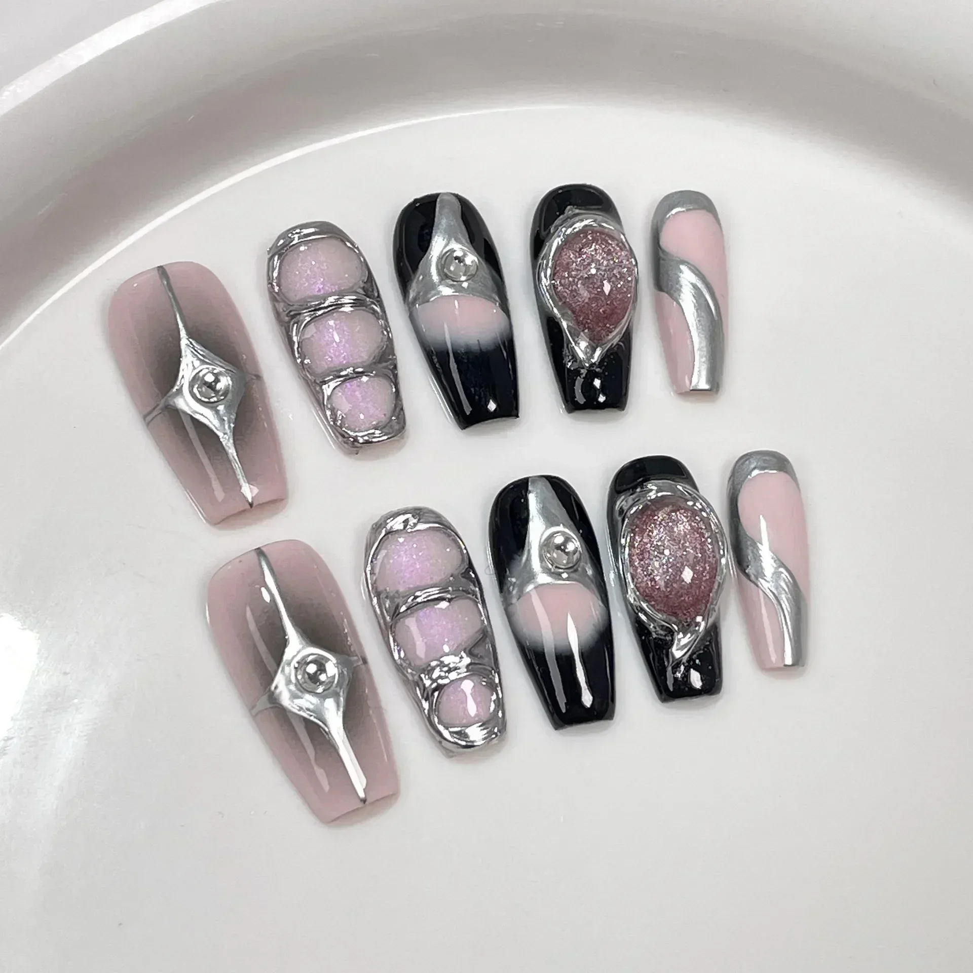 10Pcs Black Handmade Press On Nails Coffin Fake Nails Full Cover ...