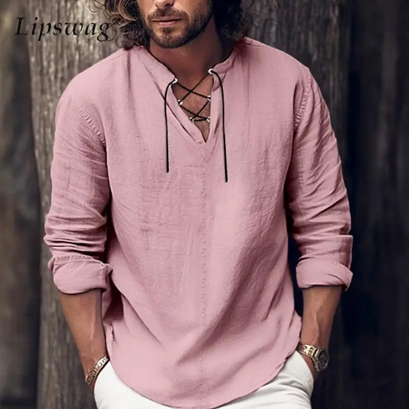 2025 Spring Casual Mens Pullover Shirts Long Sleeve Drawstring V Neck ...