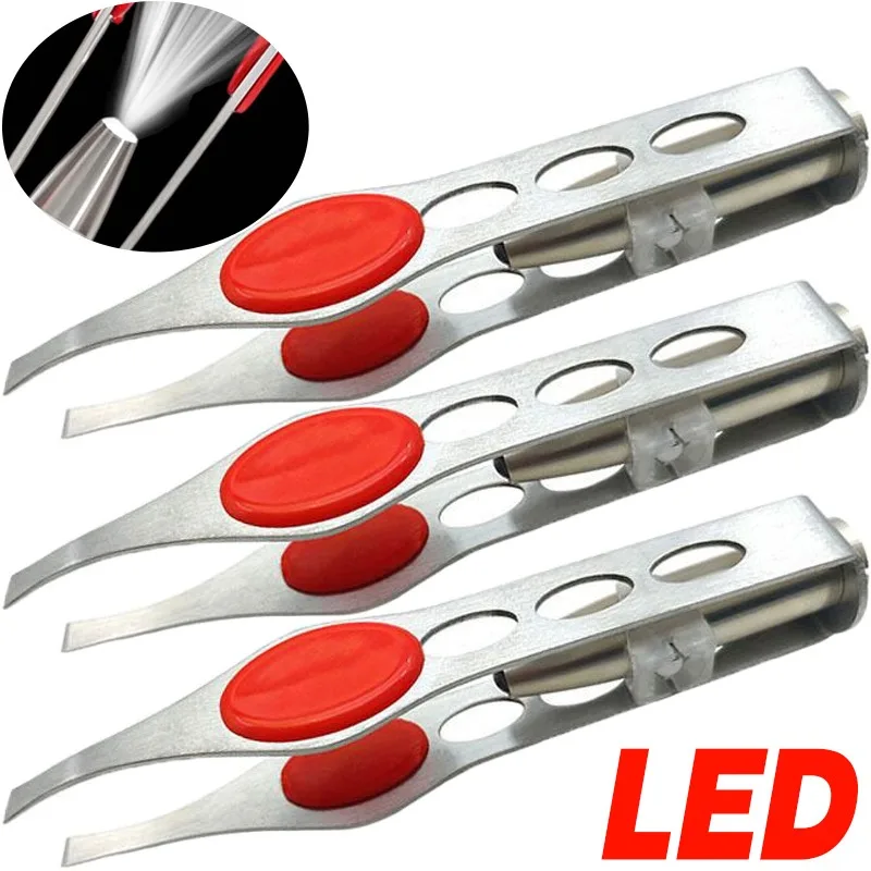 Stainless Steel Tweezers with LED Lights False Eyelashes Eyebrow Clip ...