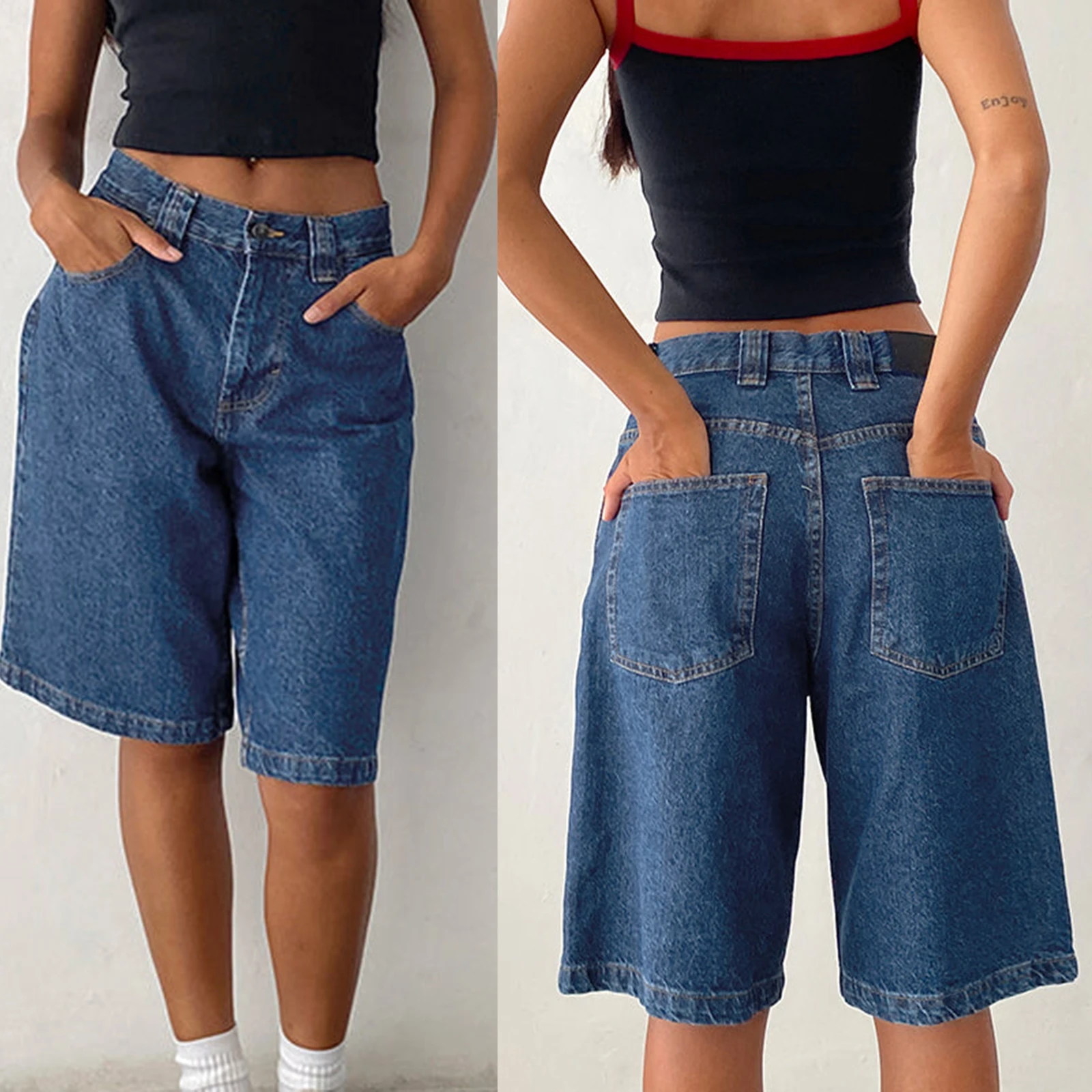 Women-s-Denim-Shorts-Loose-Solid-Color-Low-Rise-Wide-Leg-Long-Shorts ...