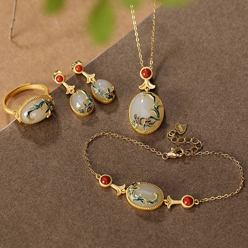 Gold Plated Cloisonne Jewelry Set Inlaid Hetian Jade Chinese Wind Vine ...