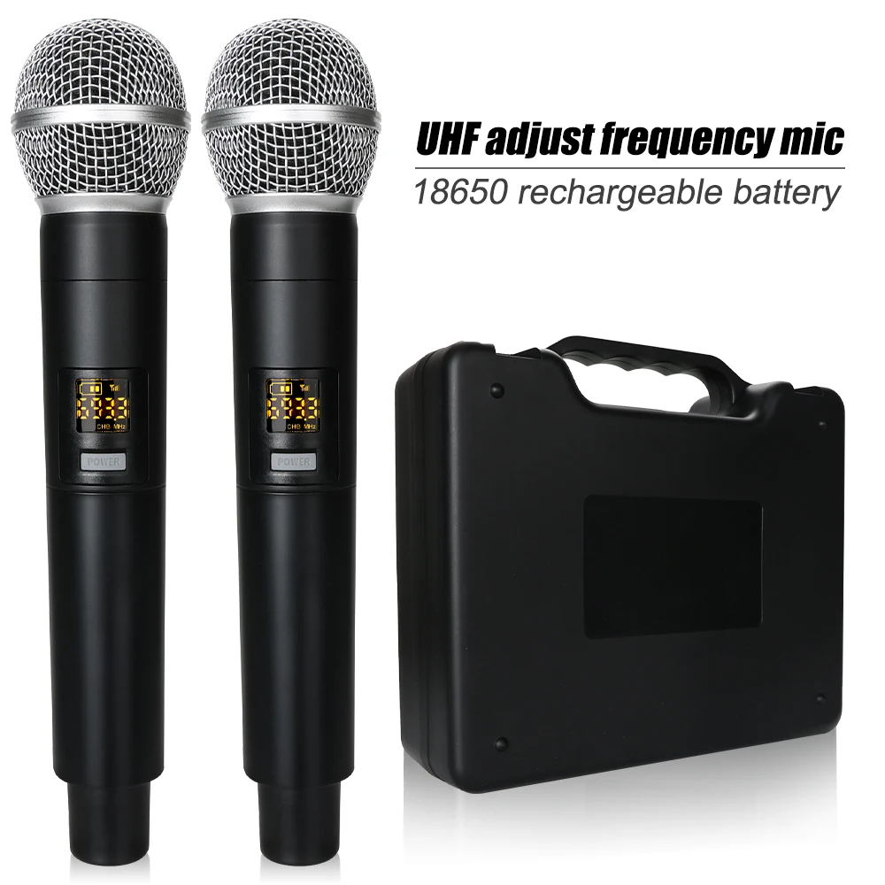 Wireless-Microphone-with-case-Frequency-Adjustable-50M-Dual-UHF-1200mAh-Rechargeable-Karaoke ...