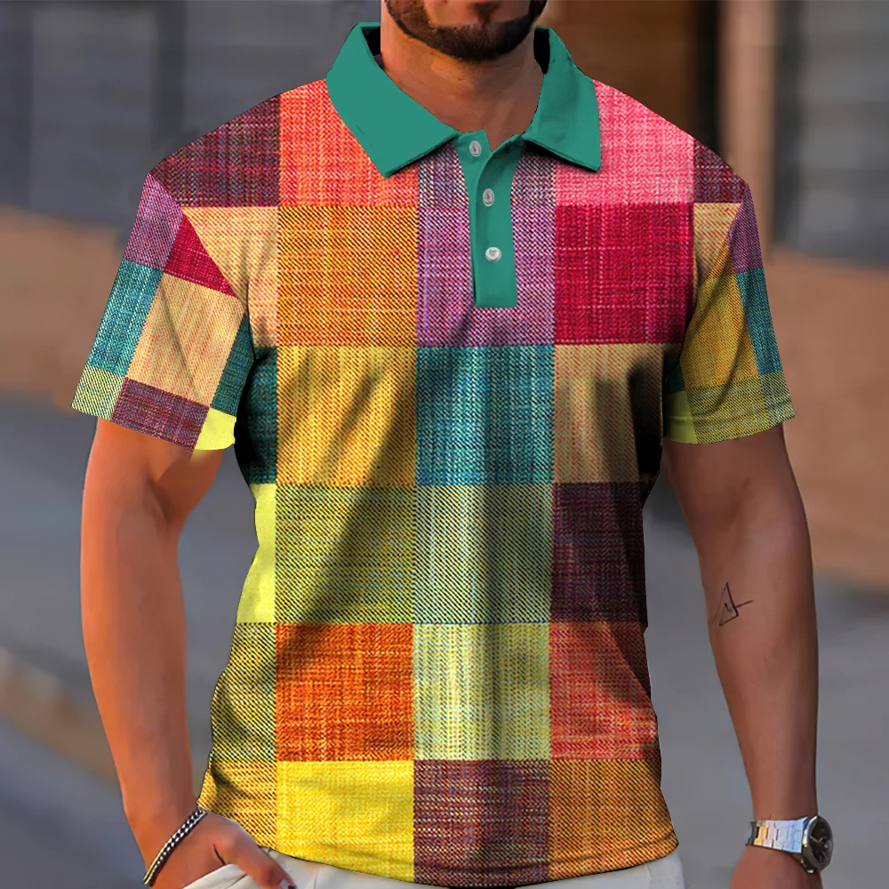Fashion-Printed-Plaid-POLO-Shirt-Men-Summer-Vintage-Short-Sleeve-T ...