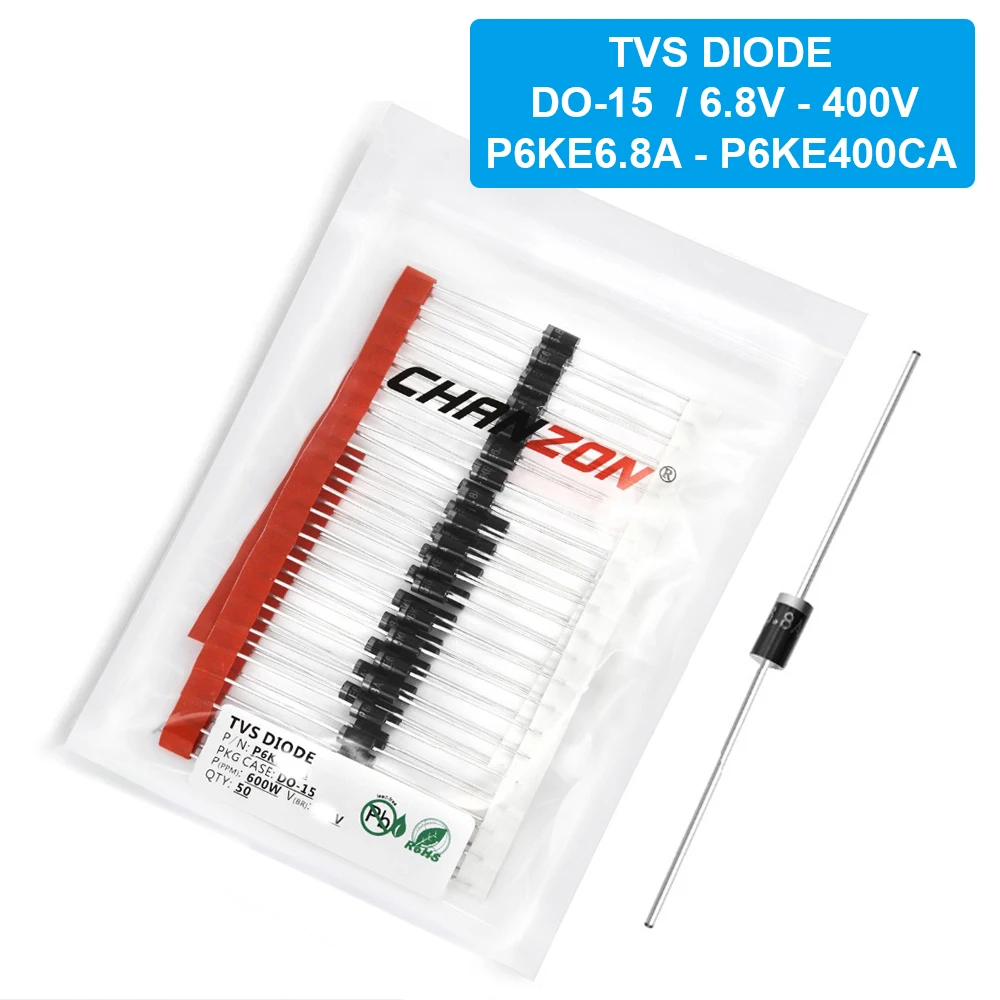 50 Pcs/Pack De Diodes TVS DO 15 600W 6.8V 400V P6KE6.8A P6KE12A P6KE15A P6KE18A P6KE24A P6KE51A ...