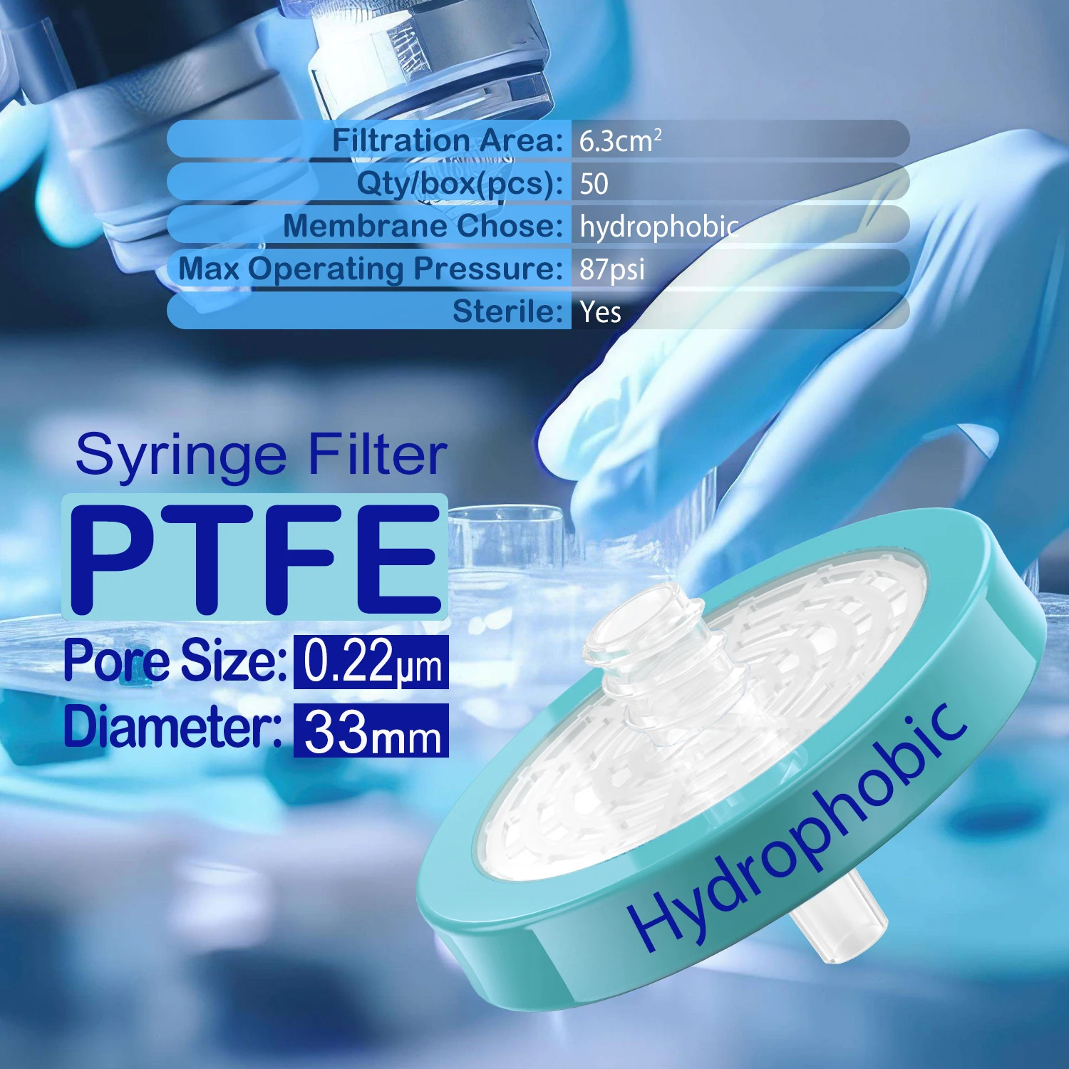 Sterile Syringe Filters,PTFE Membrane 0.22μm Pore Size,33mm Diameter,25 ...